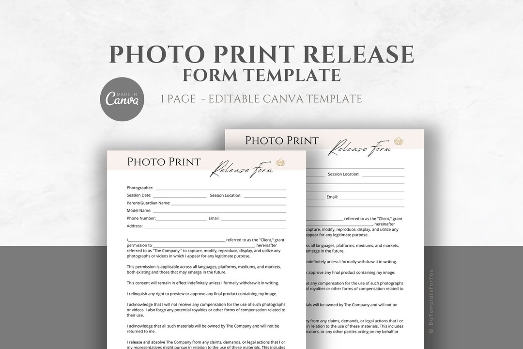 Editable Photo Print Release Form Template for Photographers, Print ...