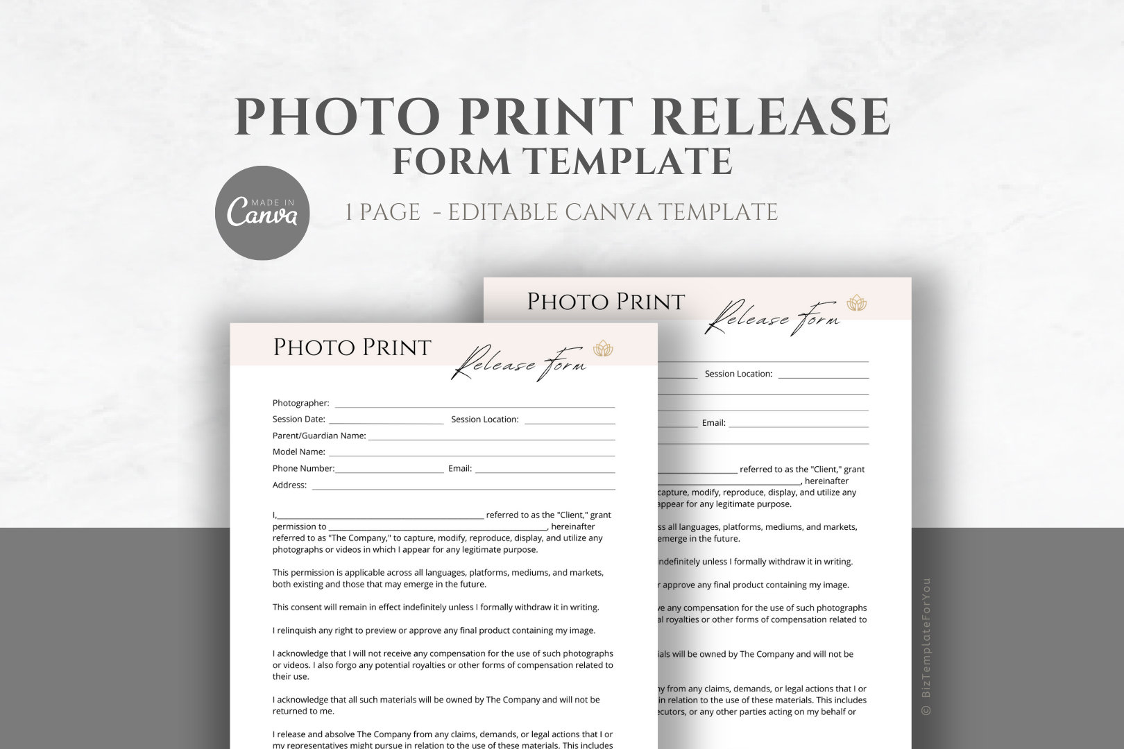 Editable Photo Print Release Form Template for Photographers, Print ...