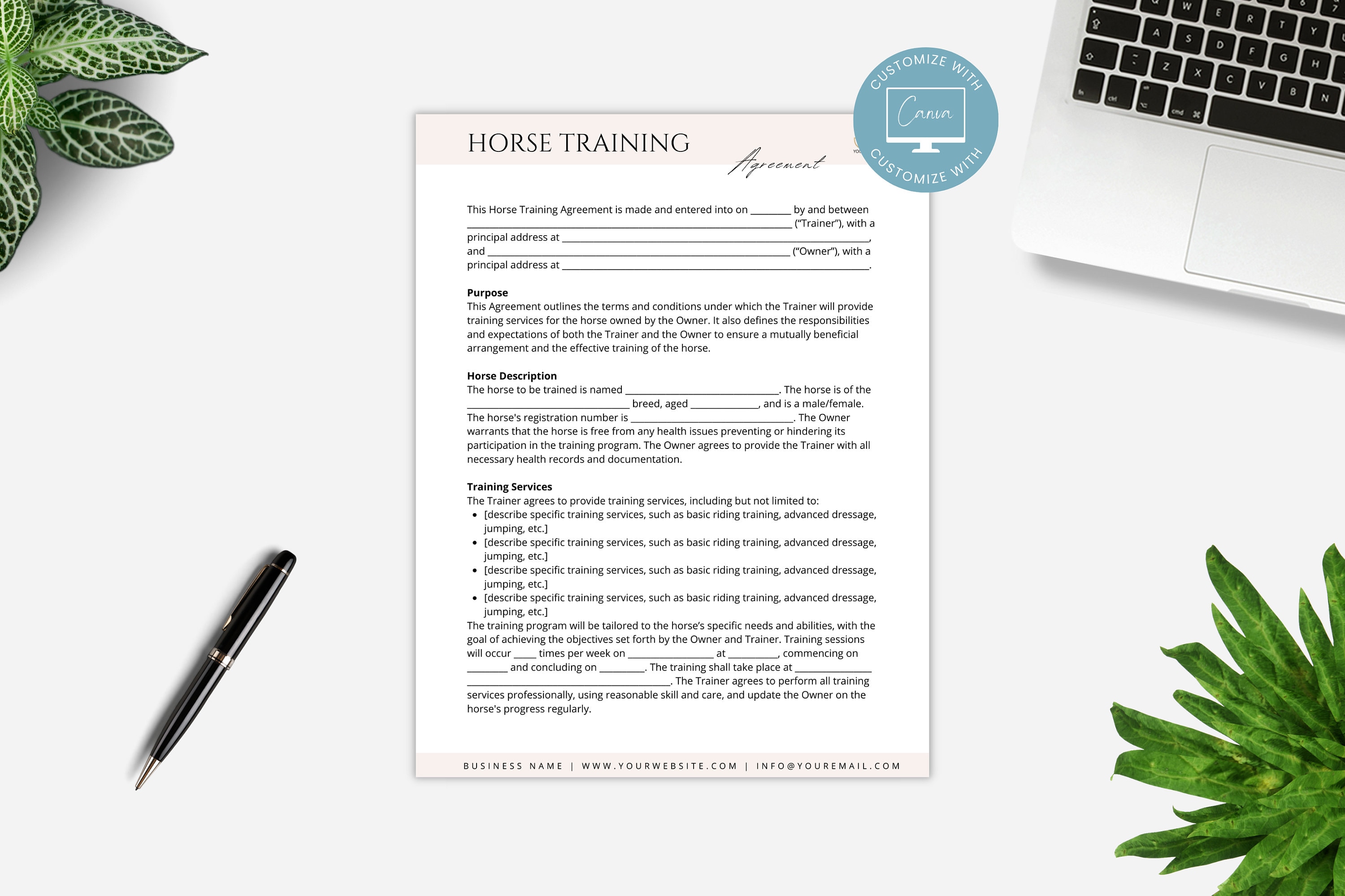 Editable Horse Training Contract Template, Equine Training Service Agreement, Horse Trainer ...