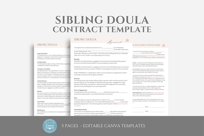 Editable Sibling Doula Contract Template, Doula Service Agreement ...