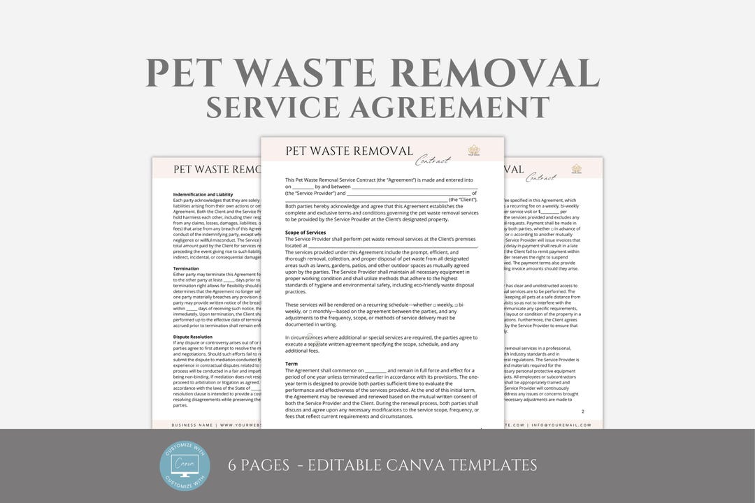 Editable Pet Waste Removal Service Contract Template, Poop Scooper ...
