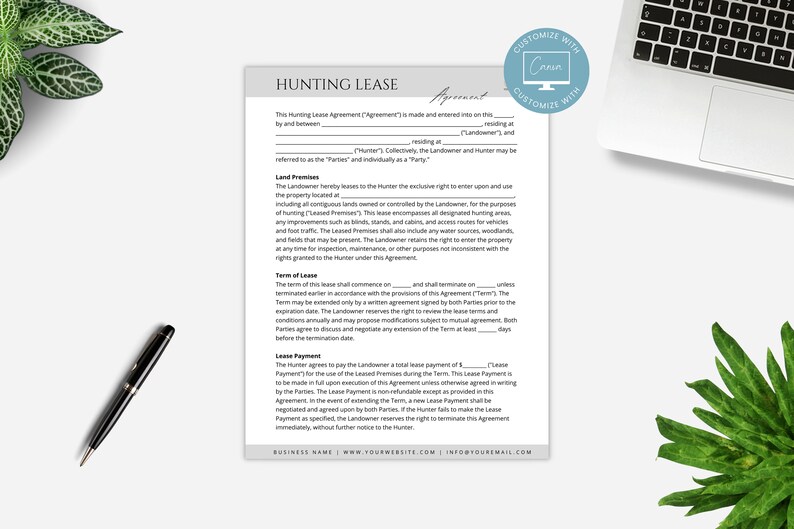 Editable Hunting Lease Contract, Land Lease for Huntingn Agreement ...