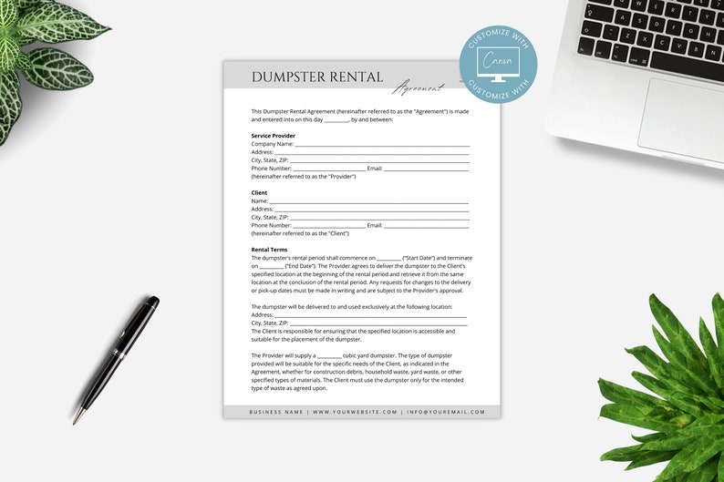 Editable Dumpster Rental Contract Template, Dumpster Rental Service ...