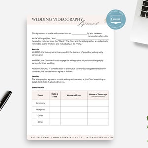 Editable Wedding Videography Contract Template, Incl. Intake Form and ...