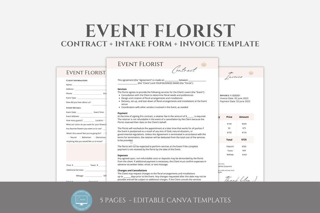 Editable Event Florist Contract Template, Flower Arrangements Service ...