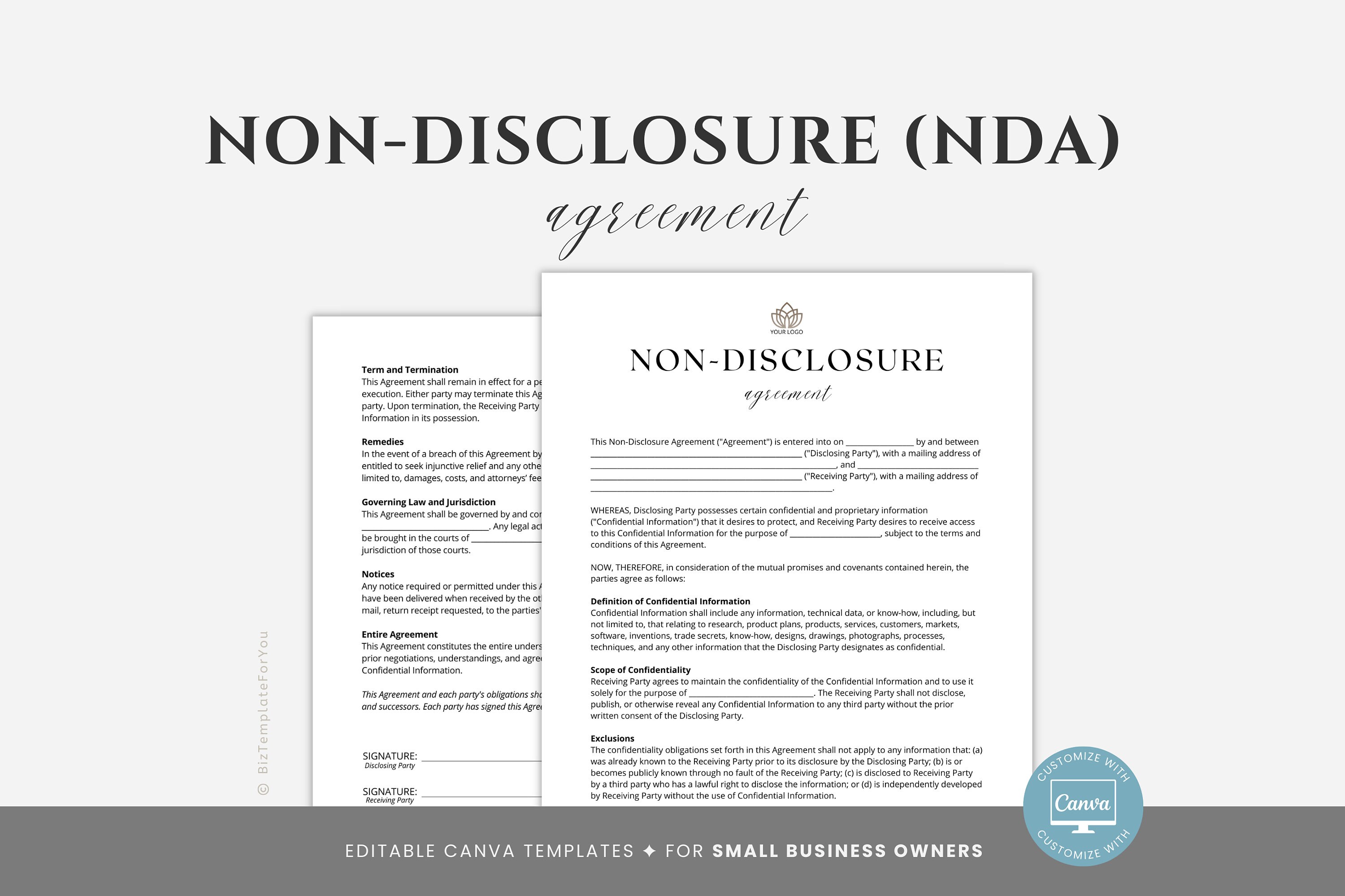 Editable Non-disclosure Agreement Template, NDA Agreement Contract ...