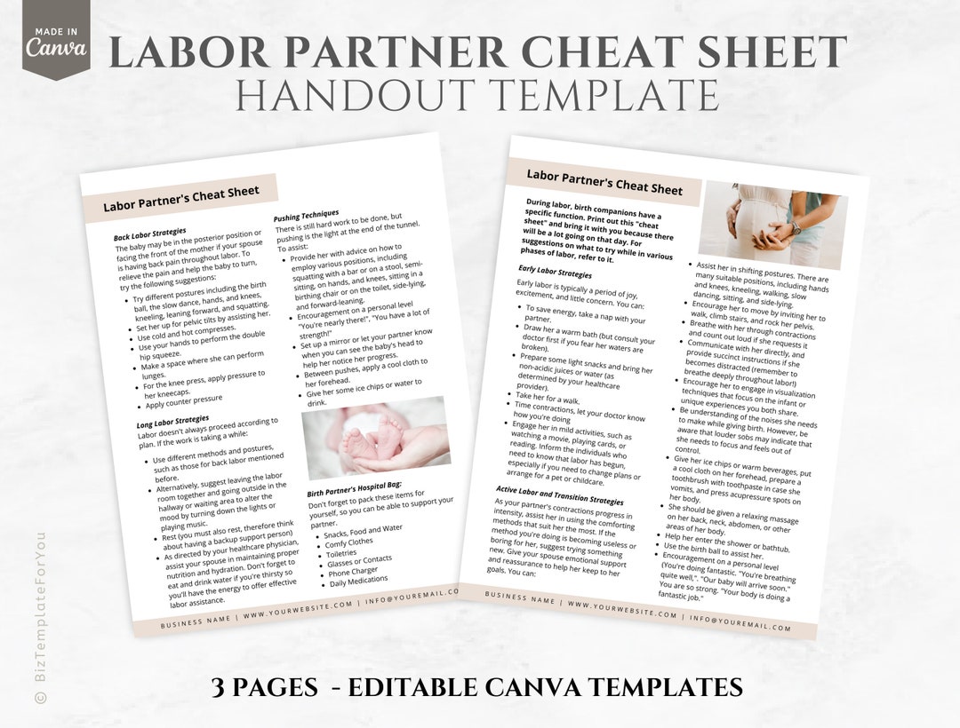 Editable Labor Partner Cheat Sheet Template Birth Partner - Etsy Canada