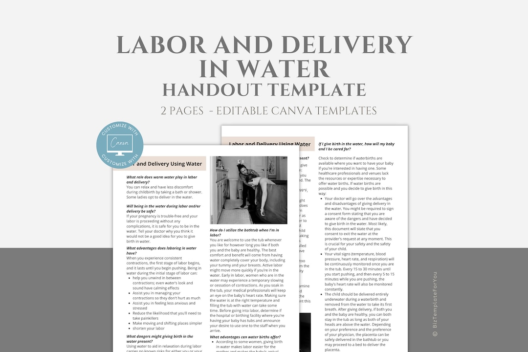 Labor and Delivery in Water, Fully Editable Doula Handout Template ...