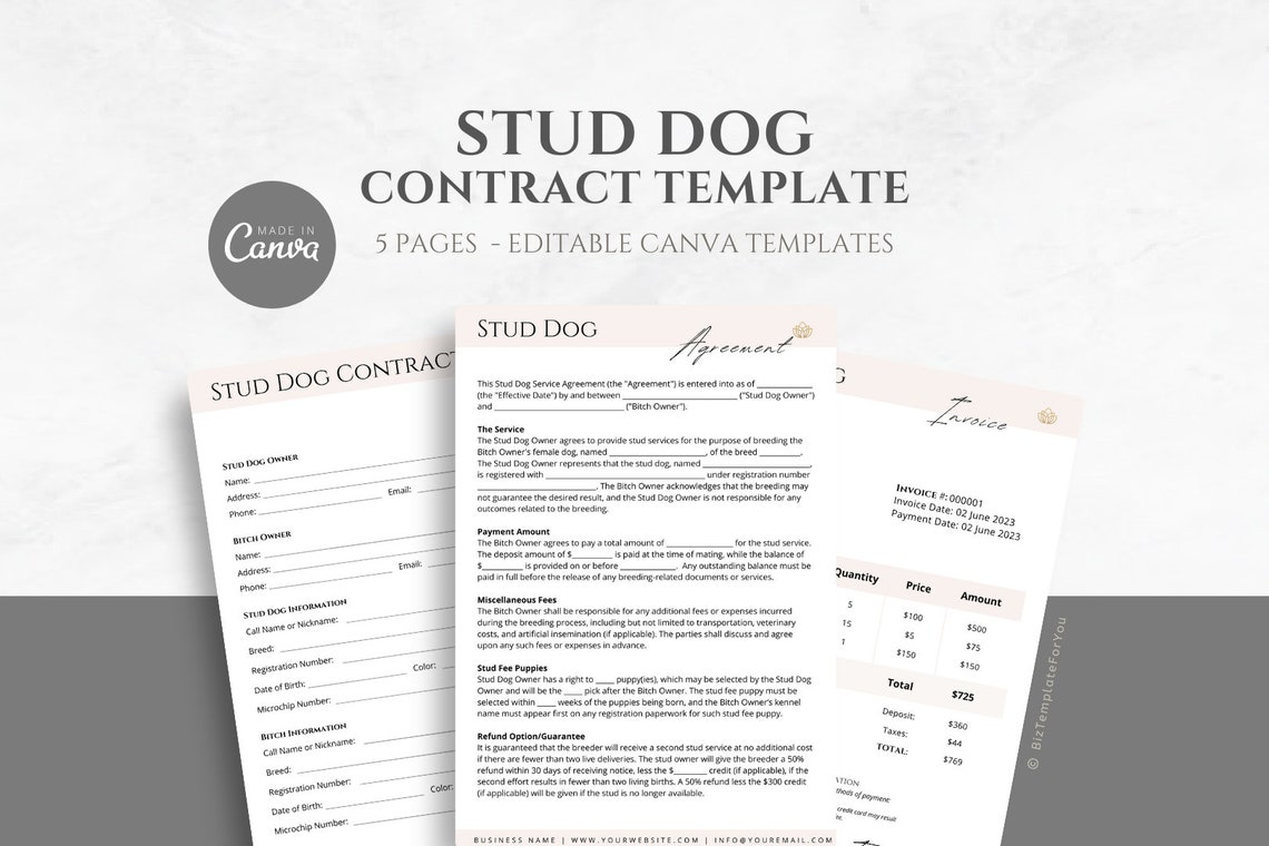 Editable Stud Dog Contract Template, Professional Breeding Service ...