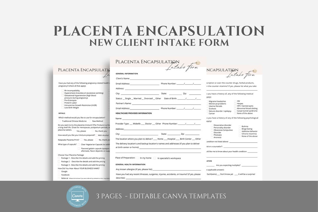 Editable Placenta Encapsulation Client Intake Form Template for Doulas ...