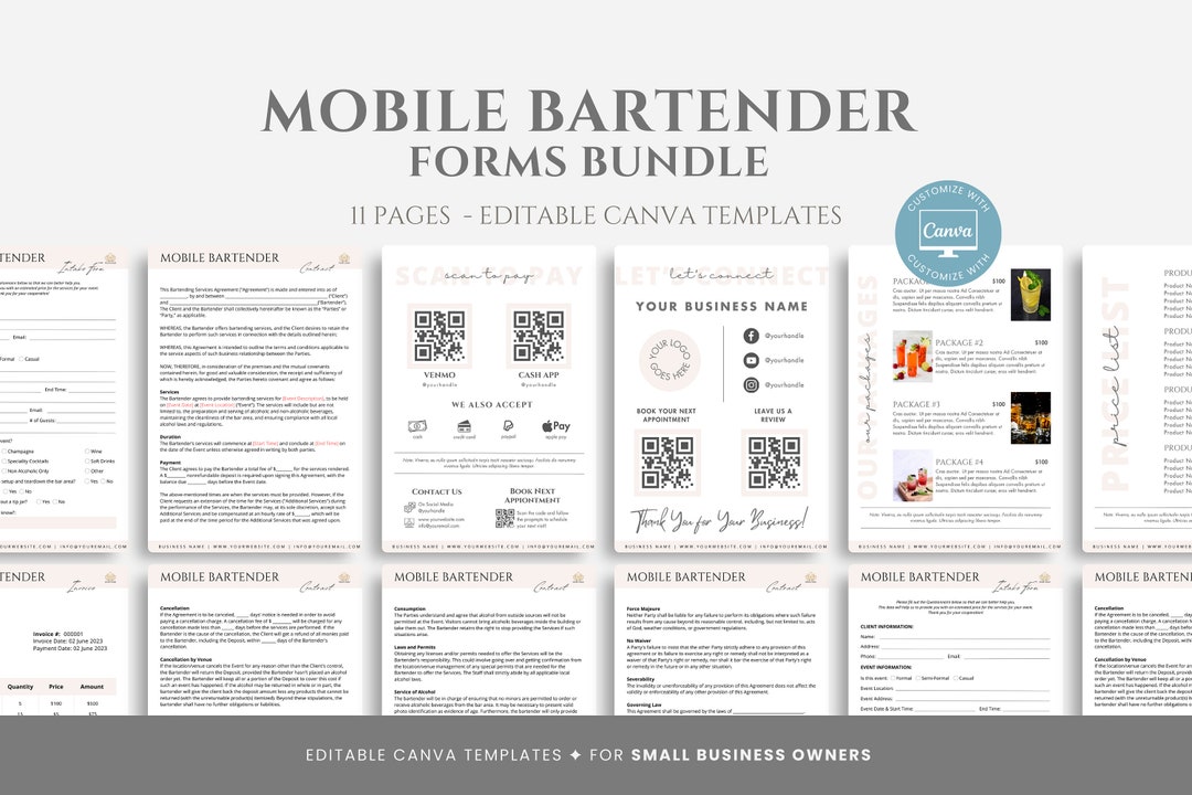 Editable Mobile Bartender Services Forms Bundle, Bartending Contract ...