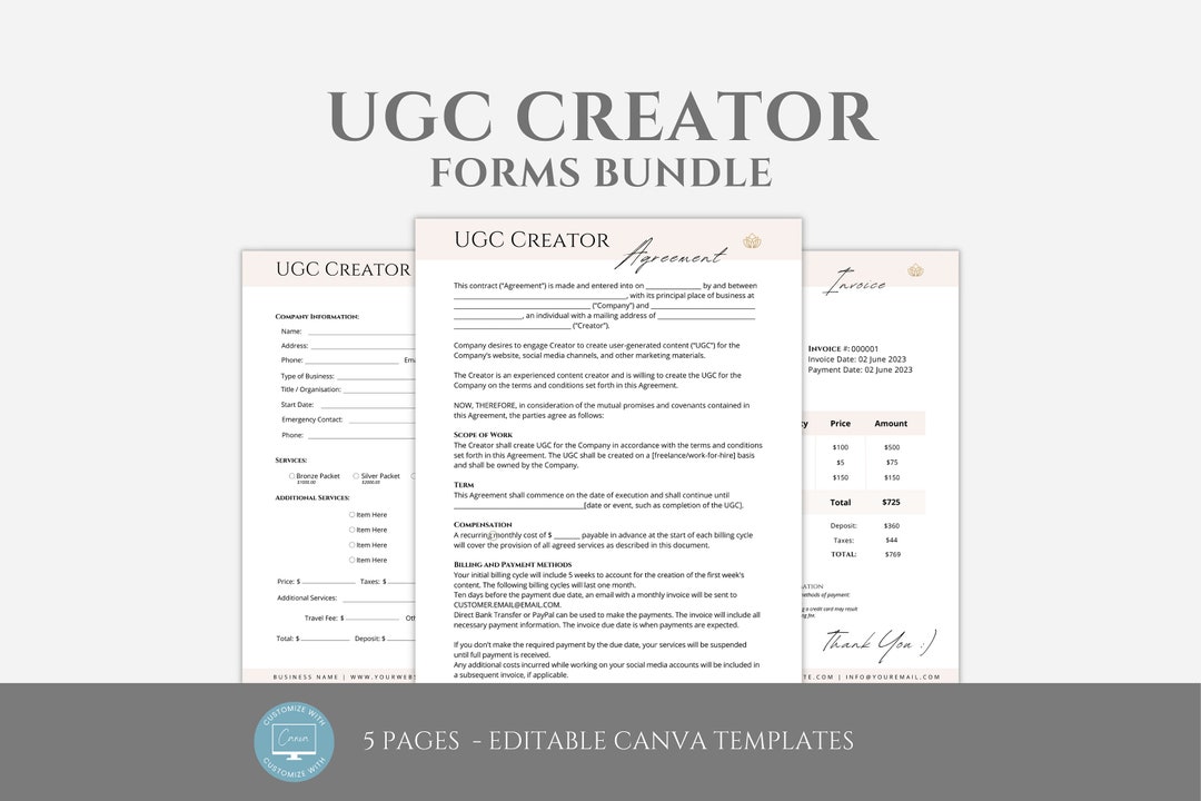Editable UGC Contract Template, UGC Forms Bundle, UGC Content Creator ...