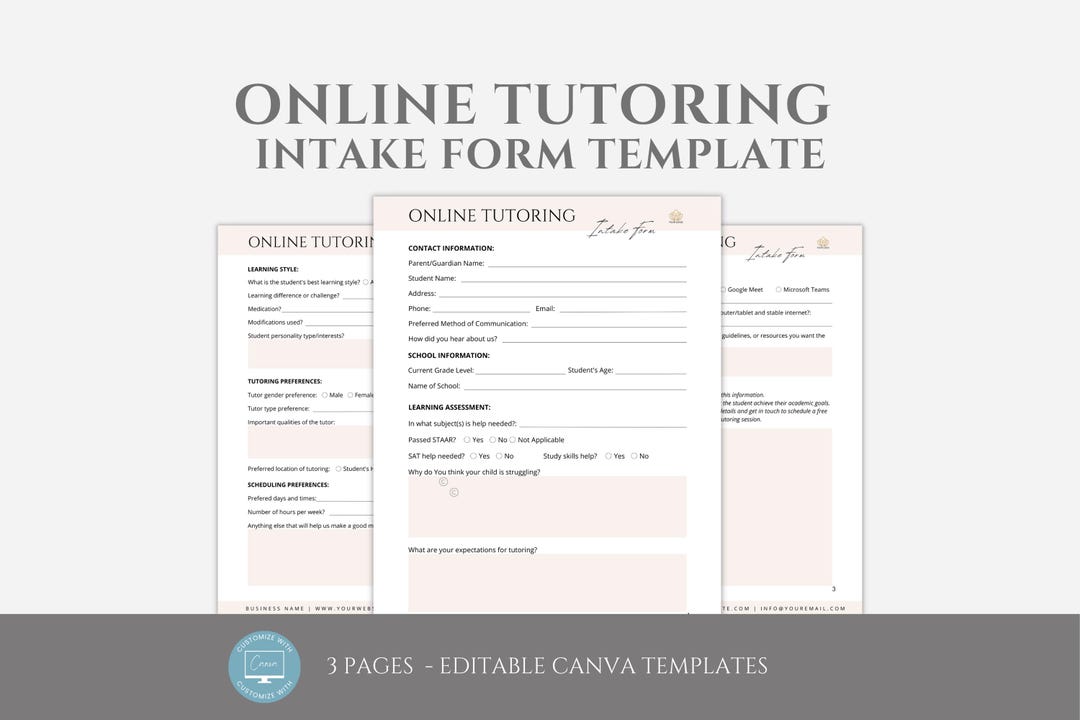 Editable Online Tutoring Client Intake Form Template, Tutoring Client ...