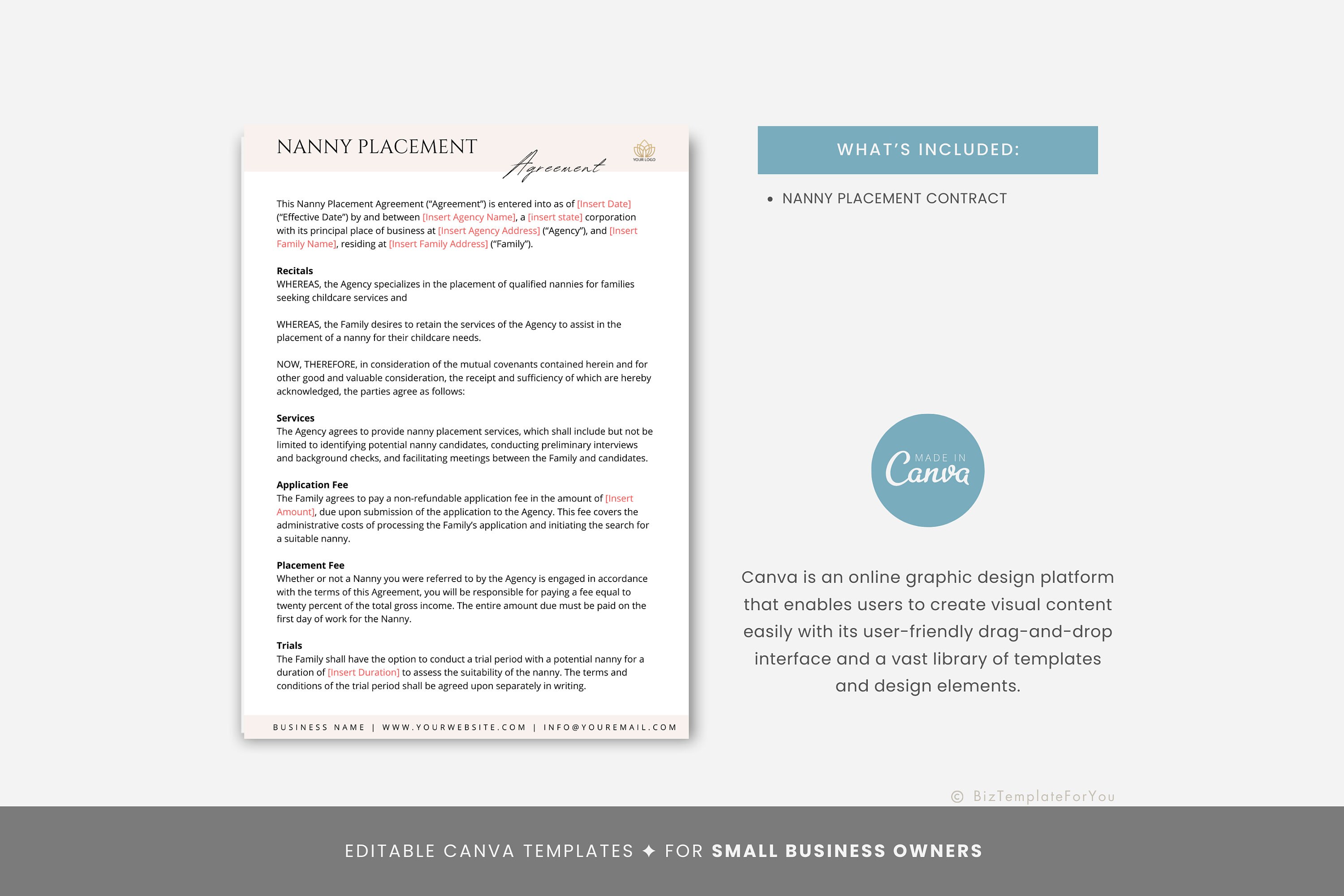 Nanny Agency - Nanny Placement Agreement Template, Editable Nanny ...