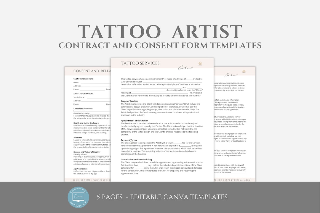 Editable Tattoo Artist Contract Template, Tattoo Consent Form, Tatto ...