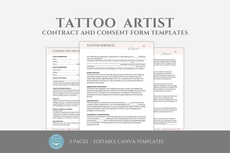 Editable Tattoo Artist Contract Template, Tattoo Consent Form, Tatto ...