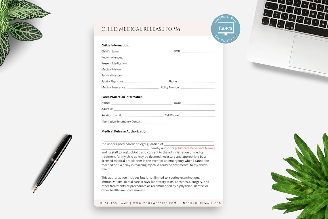 Editable Child Medical Release Form for Childcare Service Providers ...