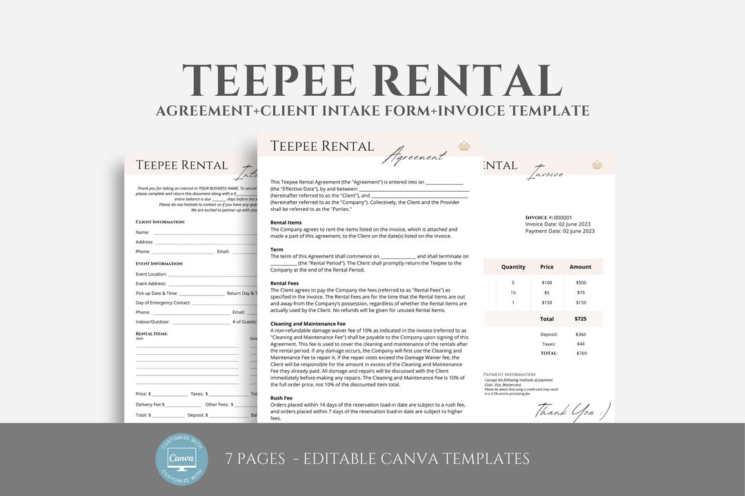 Editable Teepee Rental Agreement, Party Equipment Rental Contract Template, Luxury Picninc ...