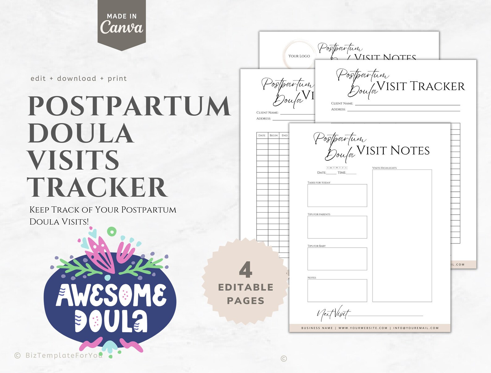 Editable Postpartum Doula Visits Notes and Tracker Templates. - Etsy