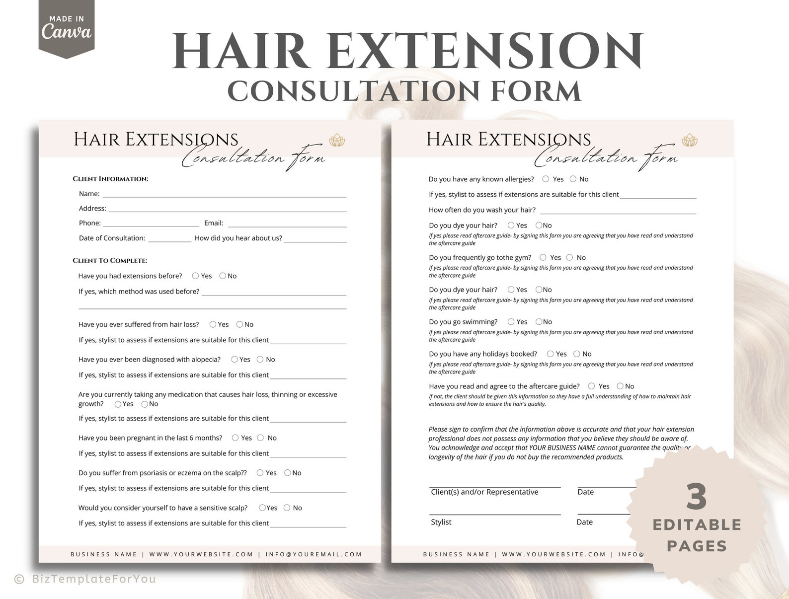 Fully Editable Hair Extension Consultation Form Template for - Etsy