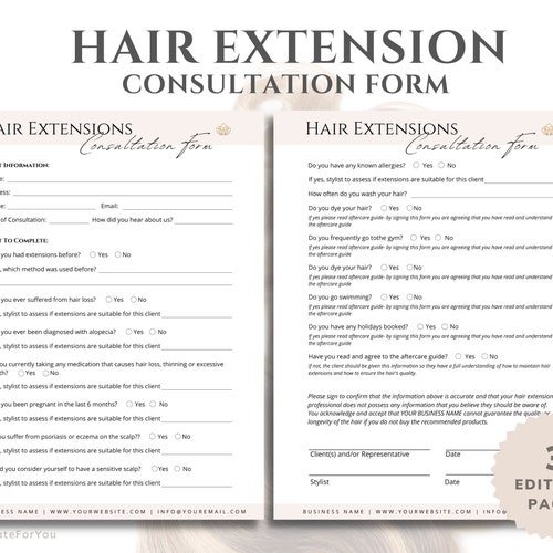 Fully Editable Hair Extension Consultation Form Template for - Etsy