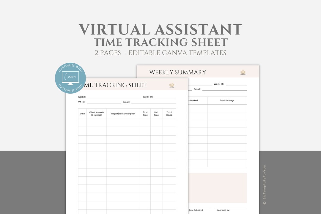 Editable Virtual Assistant Time Tracking Sheet Template, Weekly Summary ...