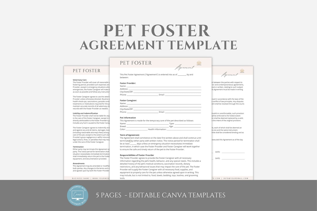 Editable Pet Foster Contract Template, Dog Foster Templates, Animal ...