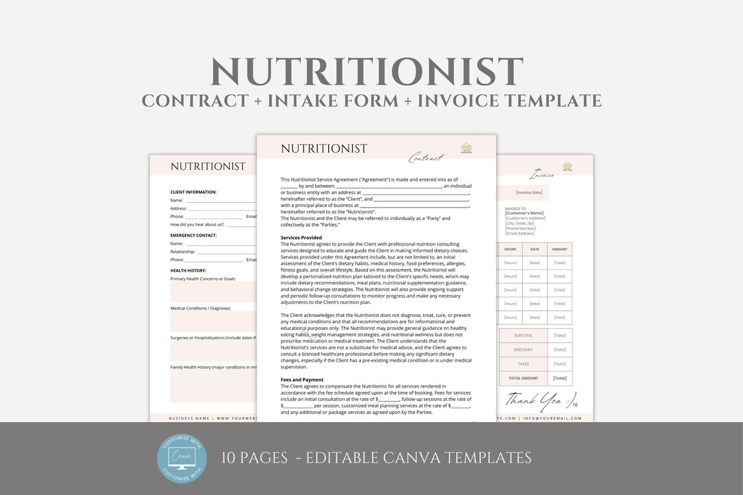 Editable Nutritionist Client Intake Form and Contract Template, Canva ...