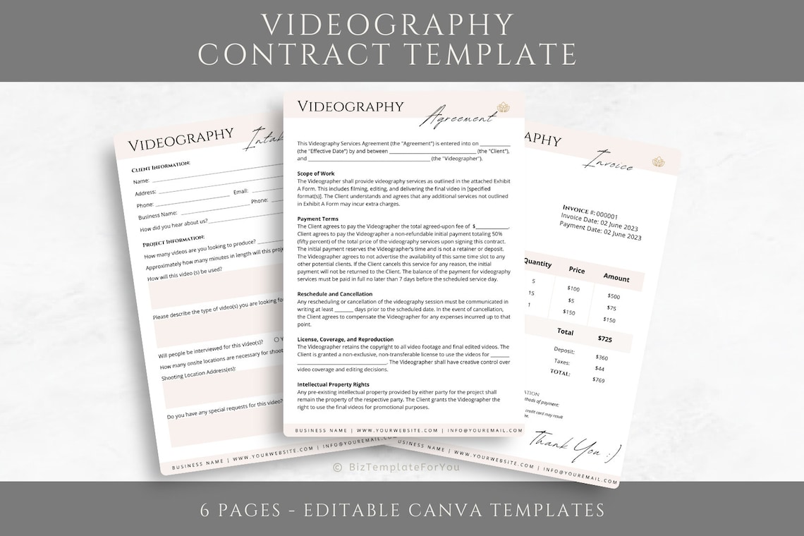 Editable Videography Contract Template, Including Intake Form and ...