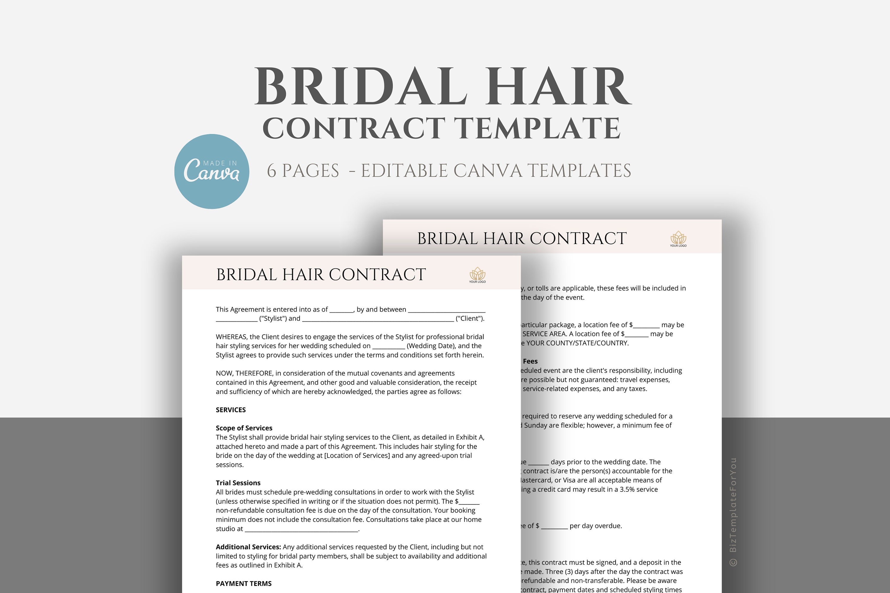 Editable Professional Bridal Hair Contract Template for Freelance ...