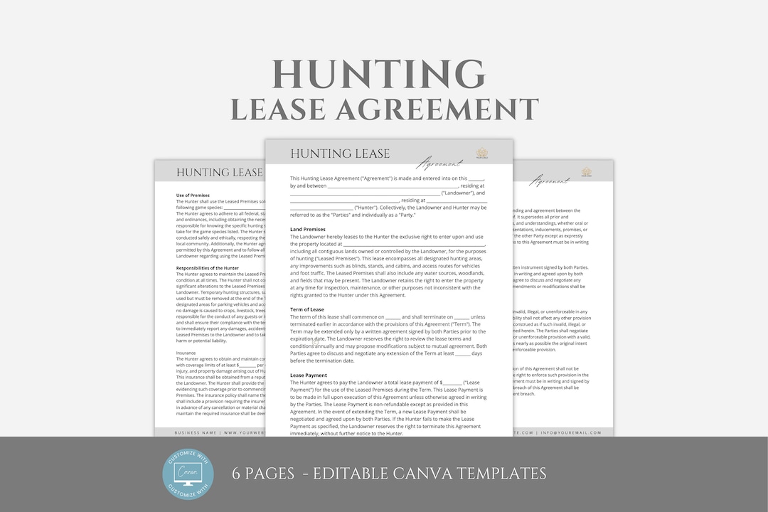 Editable Hunting Lease Contract, Land Lease for Huntingn Agreement ...