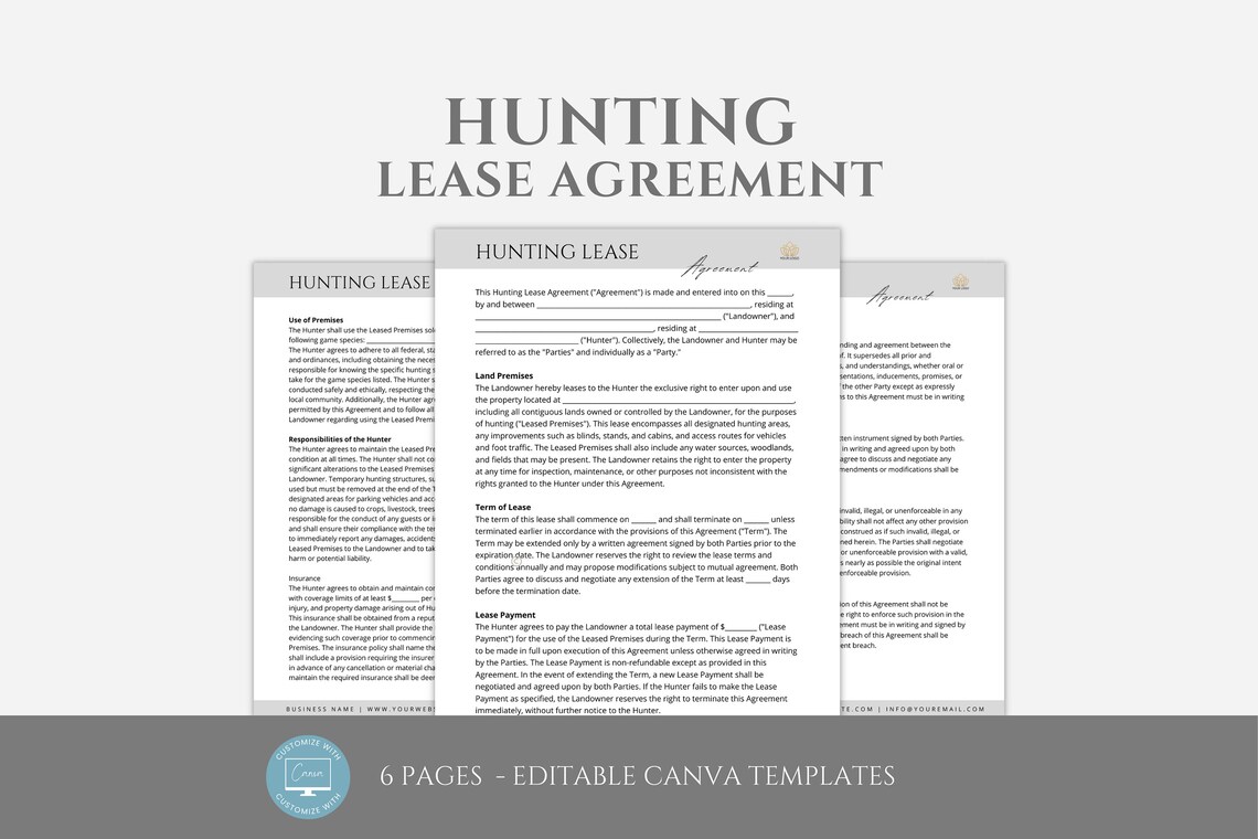 Editable Hunting Lease Contract, Land Lease for Huntingn Agreement ...