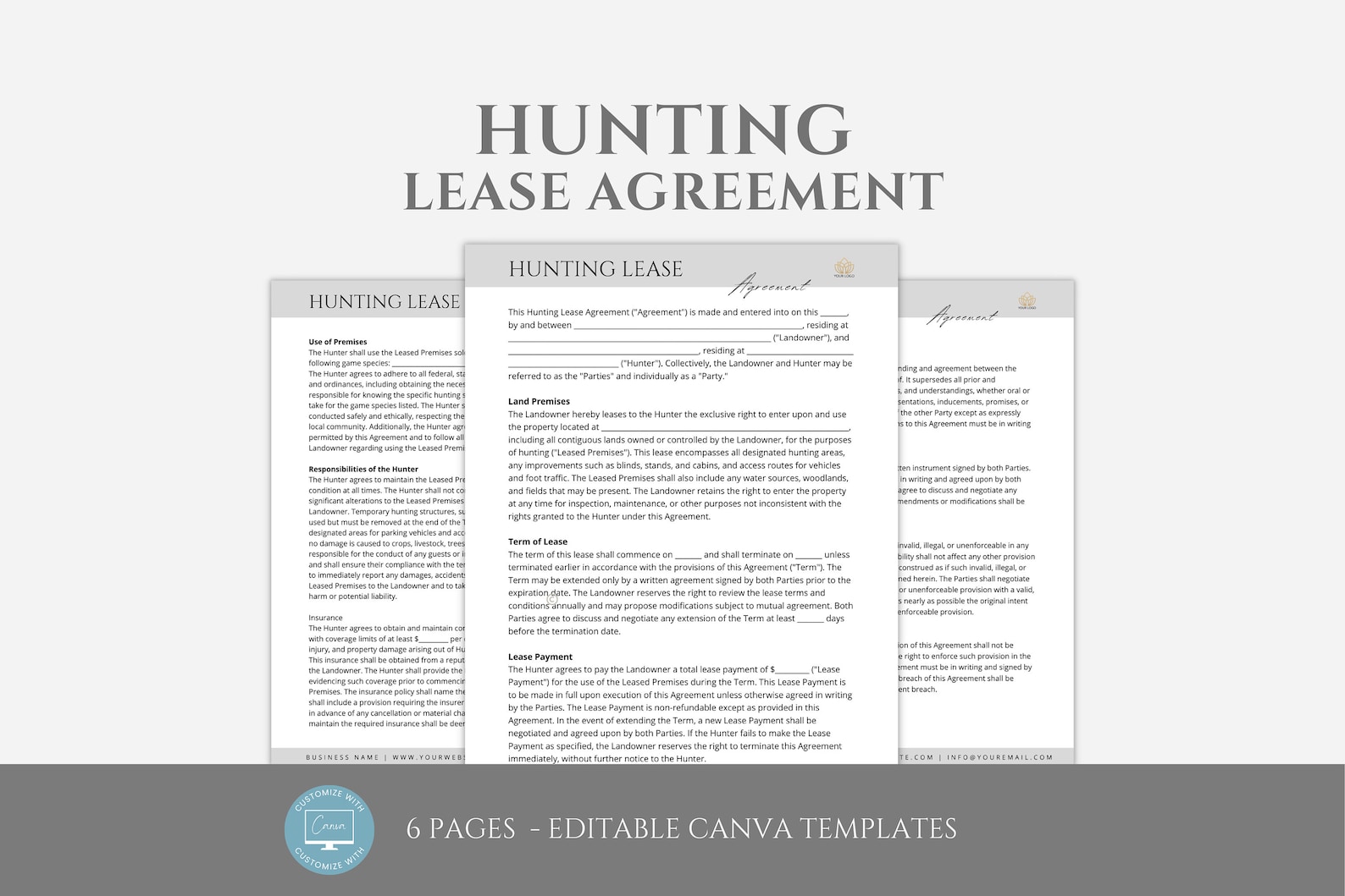 Editable Hunting Lease Contract, Land Lease for Huntingn Agreement ...