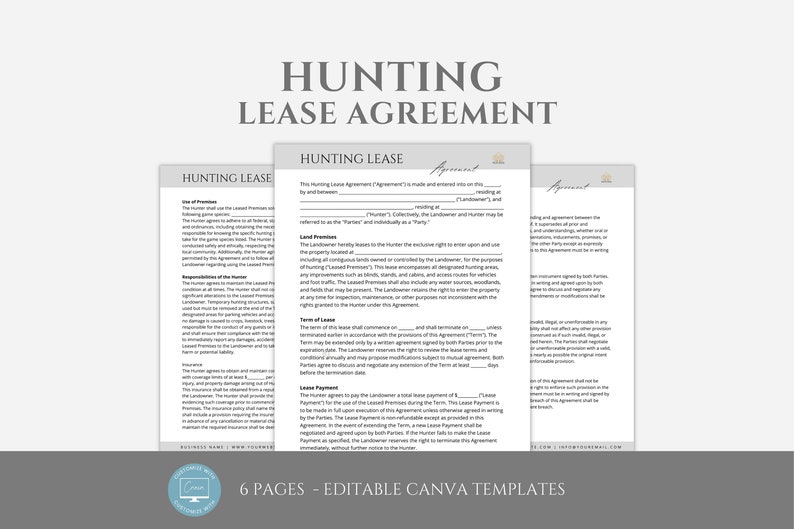 Editable Hunting Lease Contract, Land Lease for Huntingn Agreement ...