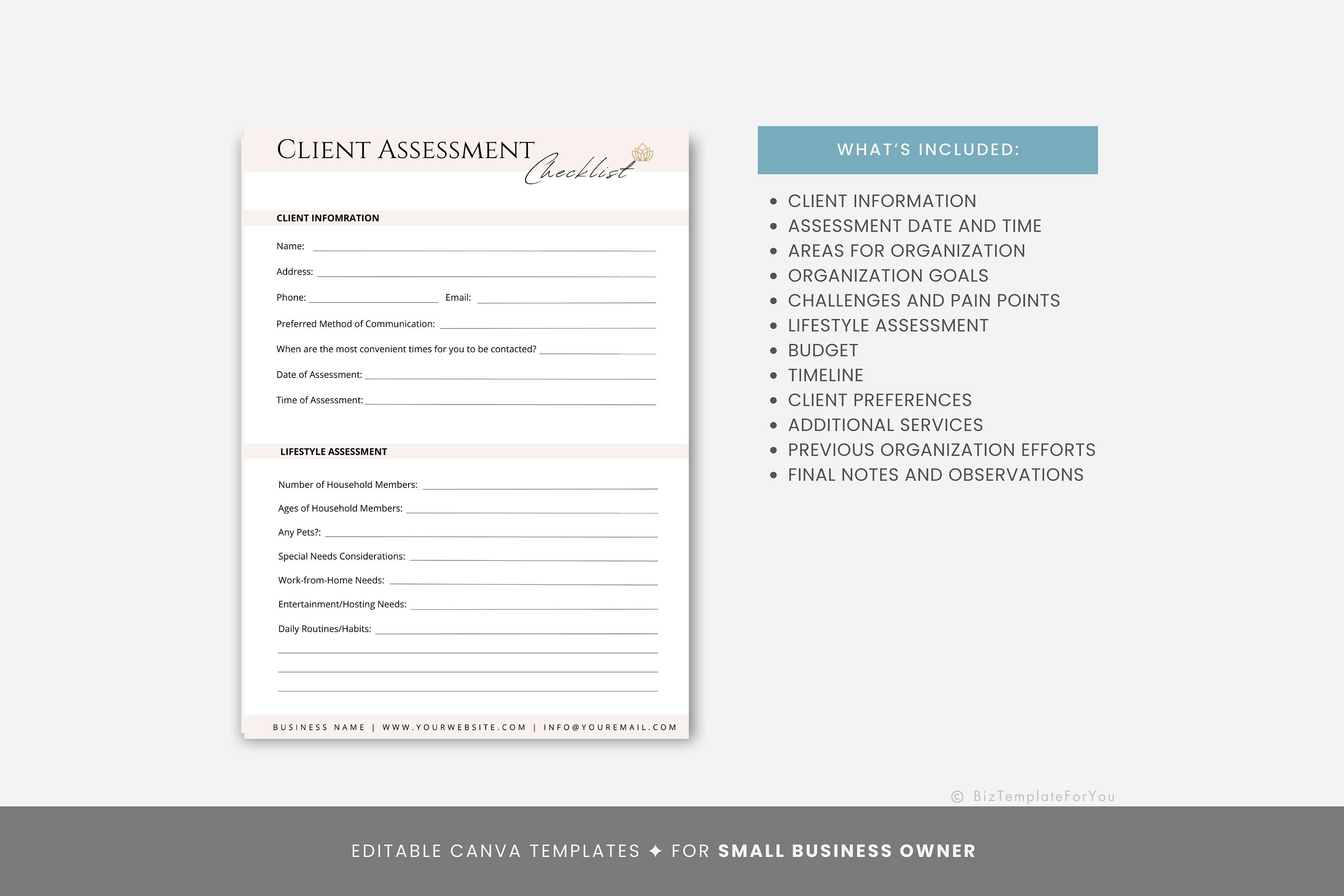 Editable Professional Organizer Client Assessment Checklist Template ...