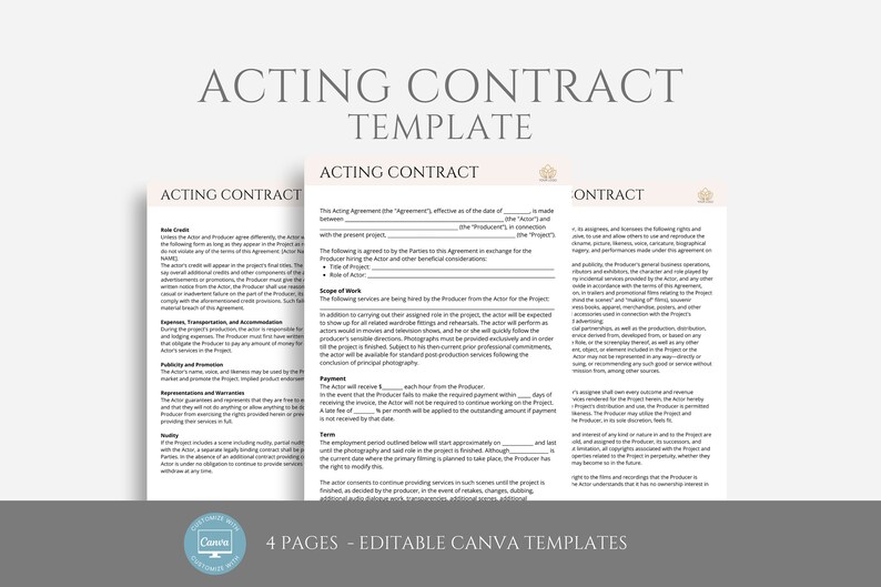 Editable Acting Contract Template, Actor Agreement, Professional Actor ...