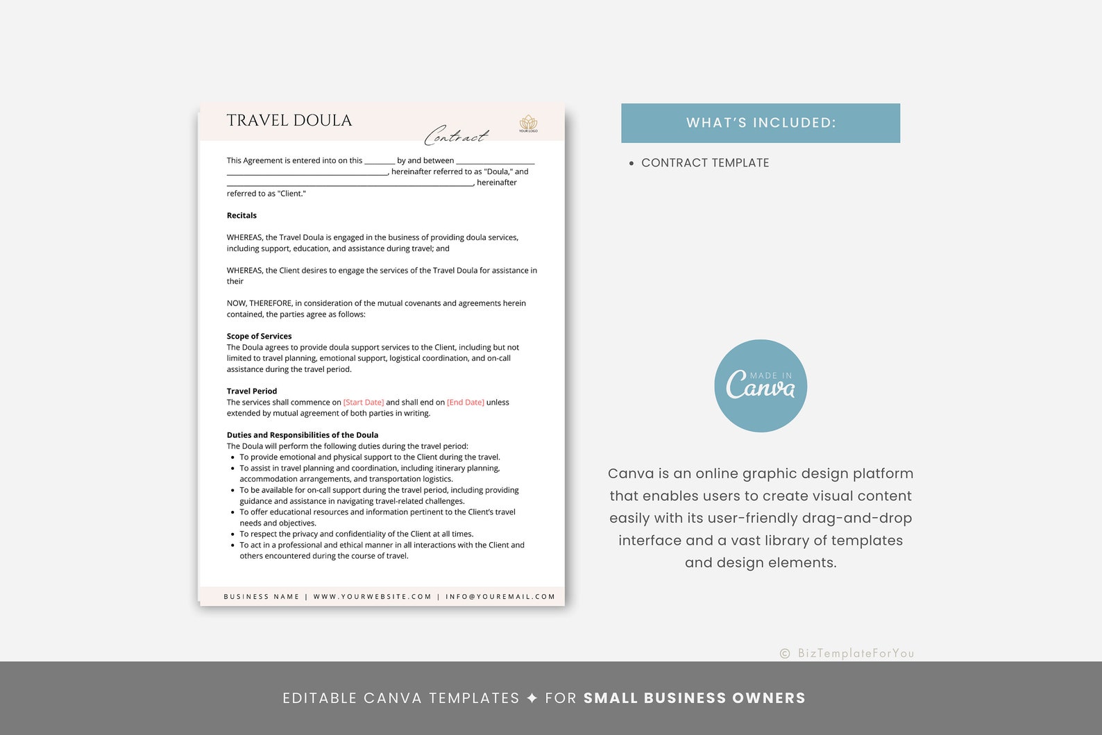 Editable Travel Doula Service Agreement, Travel Doula Contract Template ...