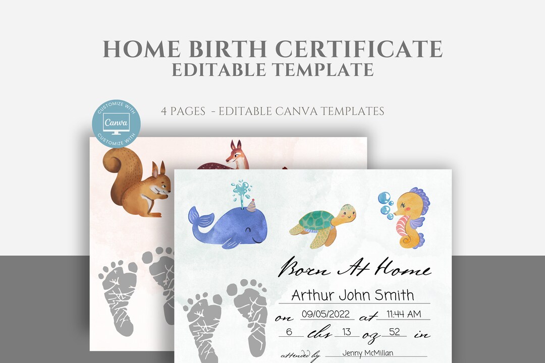 Home Birth Certificate Editable Templates, for Midwives, Doulas and New ...