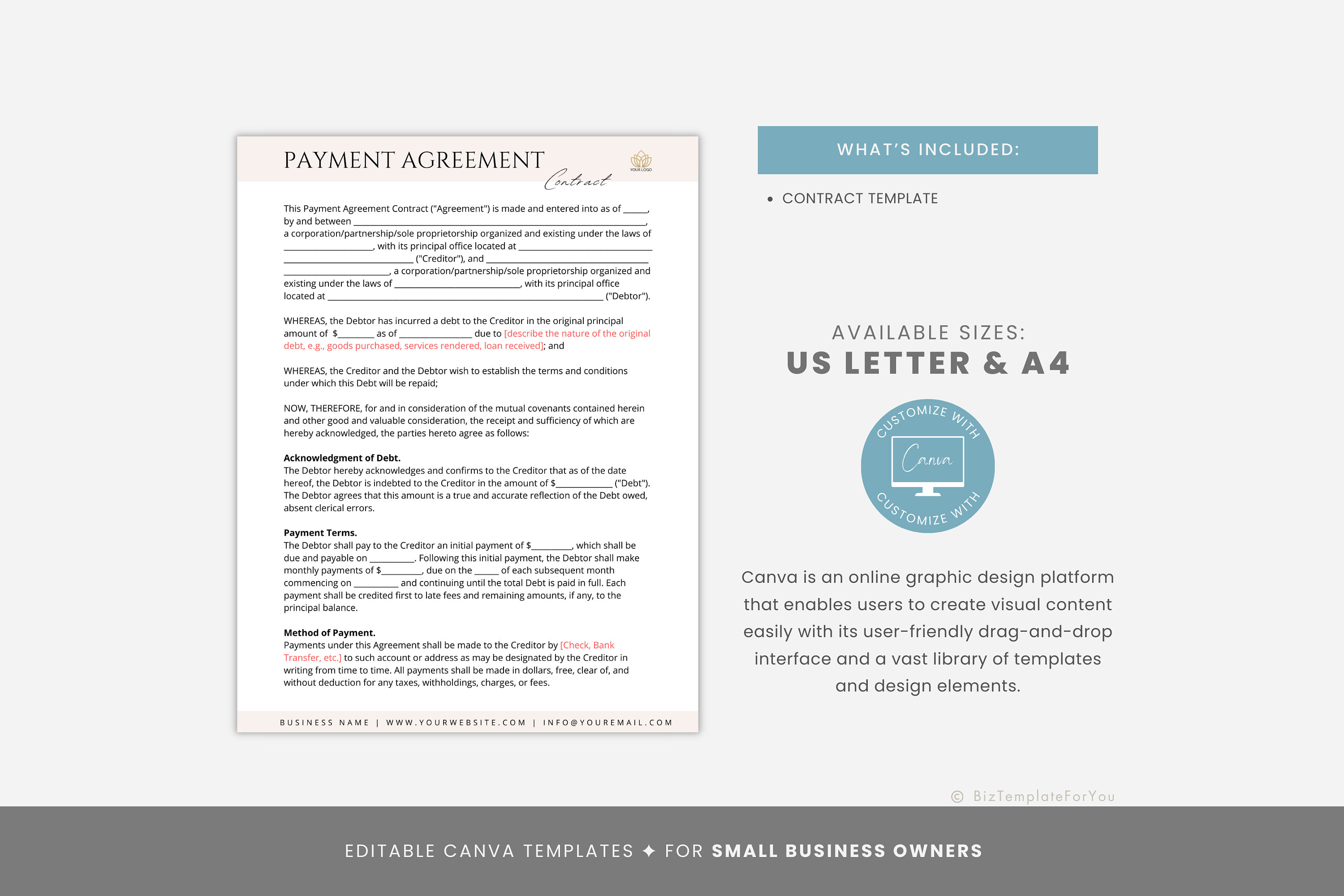 Editable Payment Contract Template, Payment Plan Agreement, Repayment ...