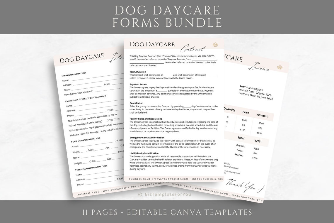 Editable Dog Daycare Forms Bundle Dog Daycare Contract Template, Pet ...