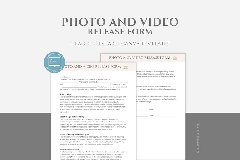 Editable Photo and Video Release Form Template, Photo Release for ...