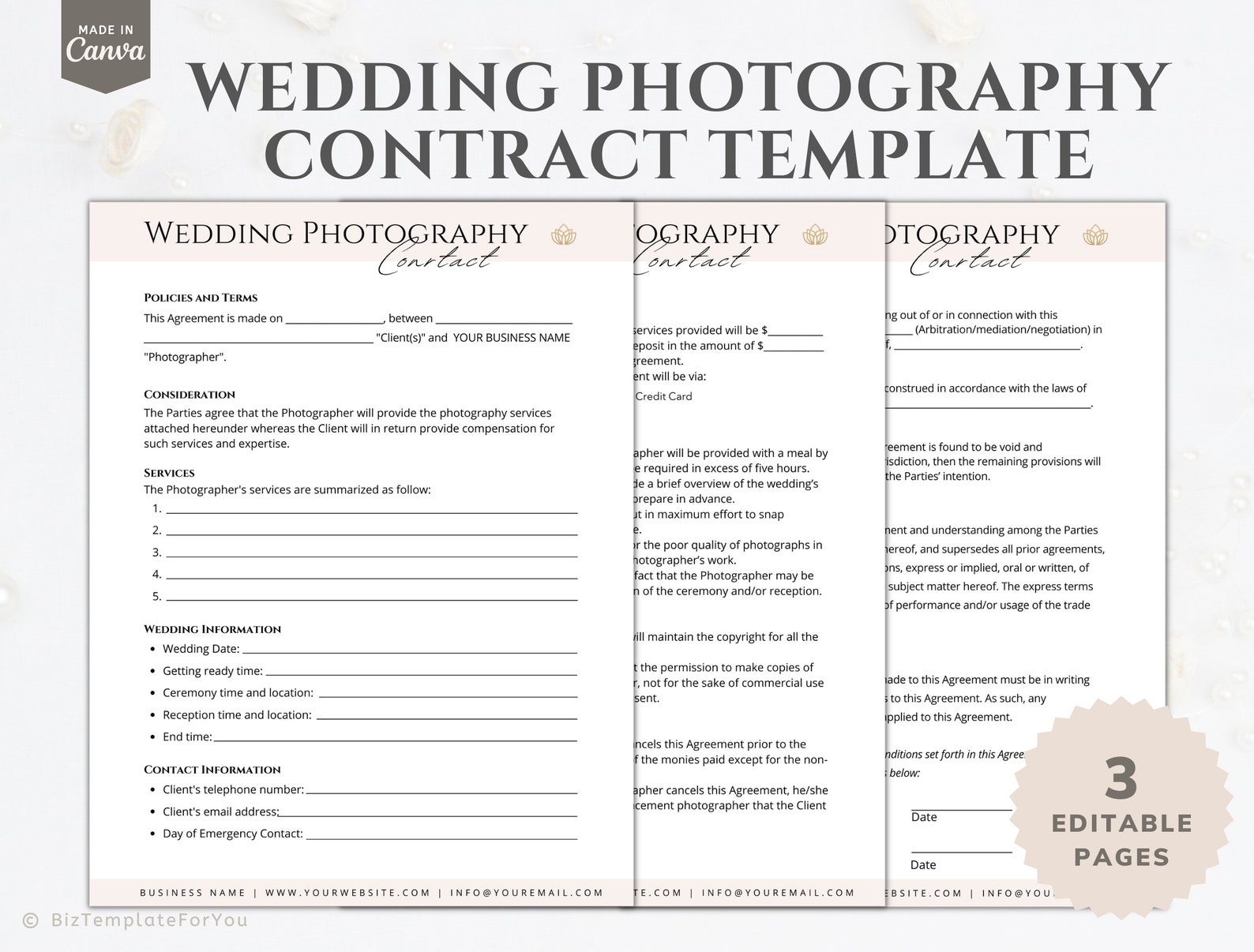Editable Wedding Photography Contract Template Professional - Etsy