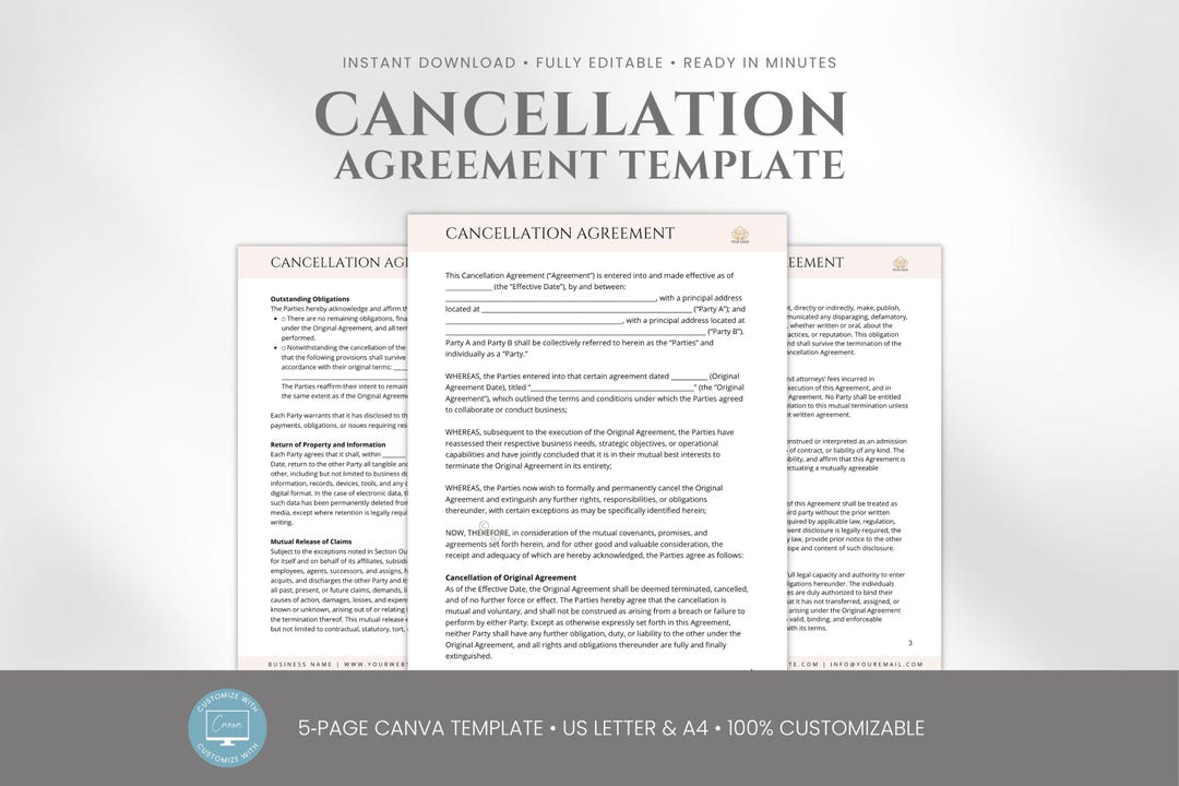 Editable Cancellation Agreement Template, Service Termination Contract ...