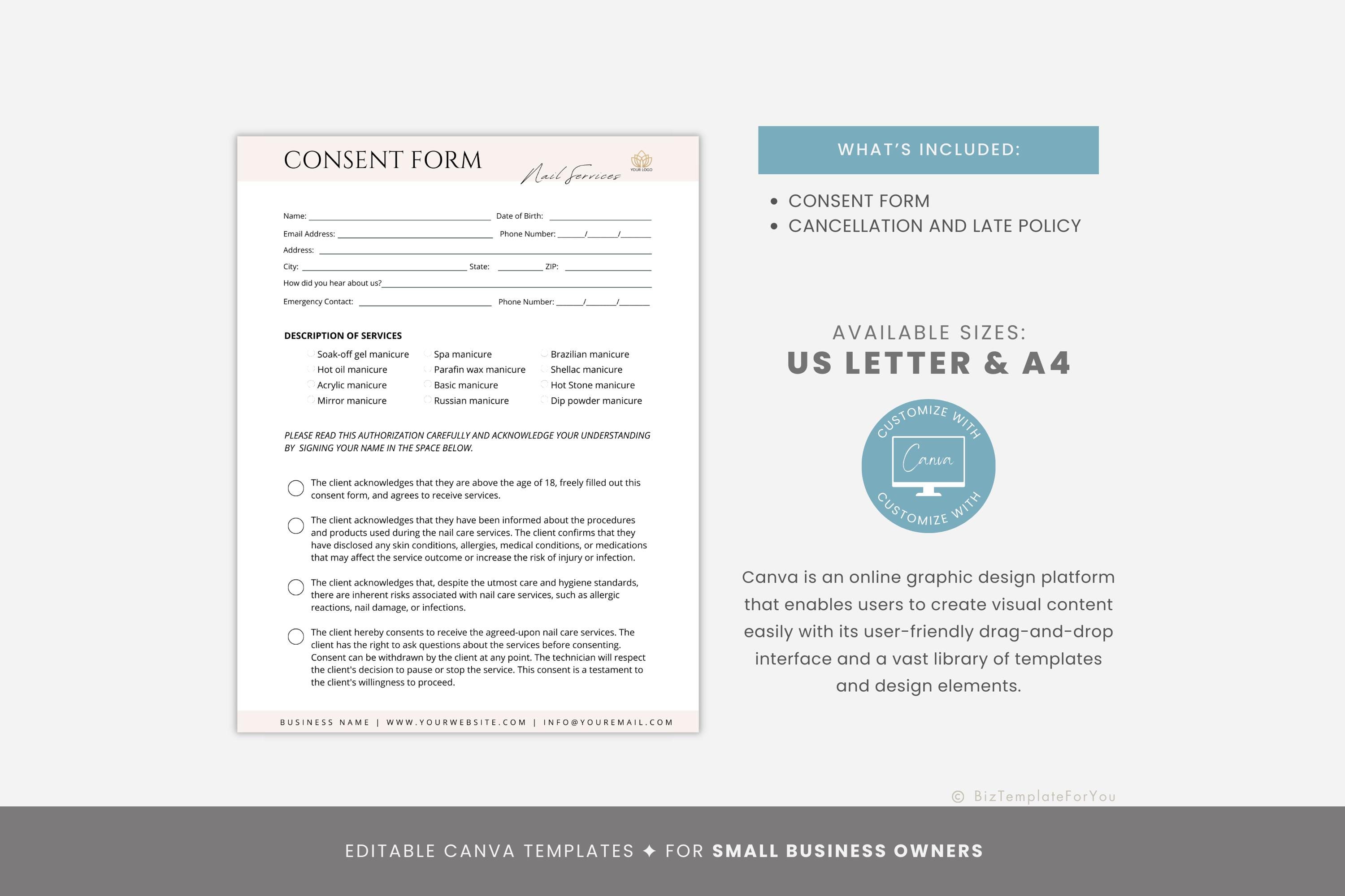 Editable Nail Technician Consent Form Template, Esthetician Business ...