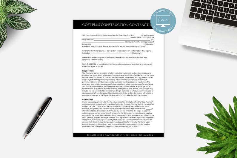 Editable Cost Plus Construction Contract Template, Construction Services Agreement, Residential ...