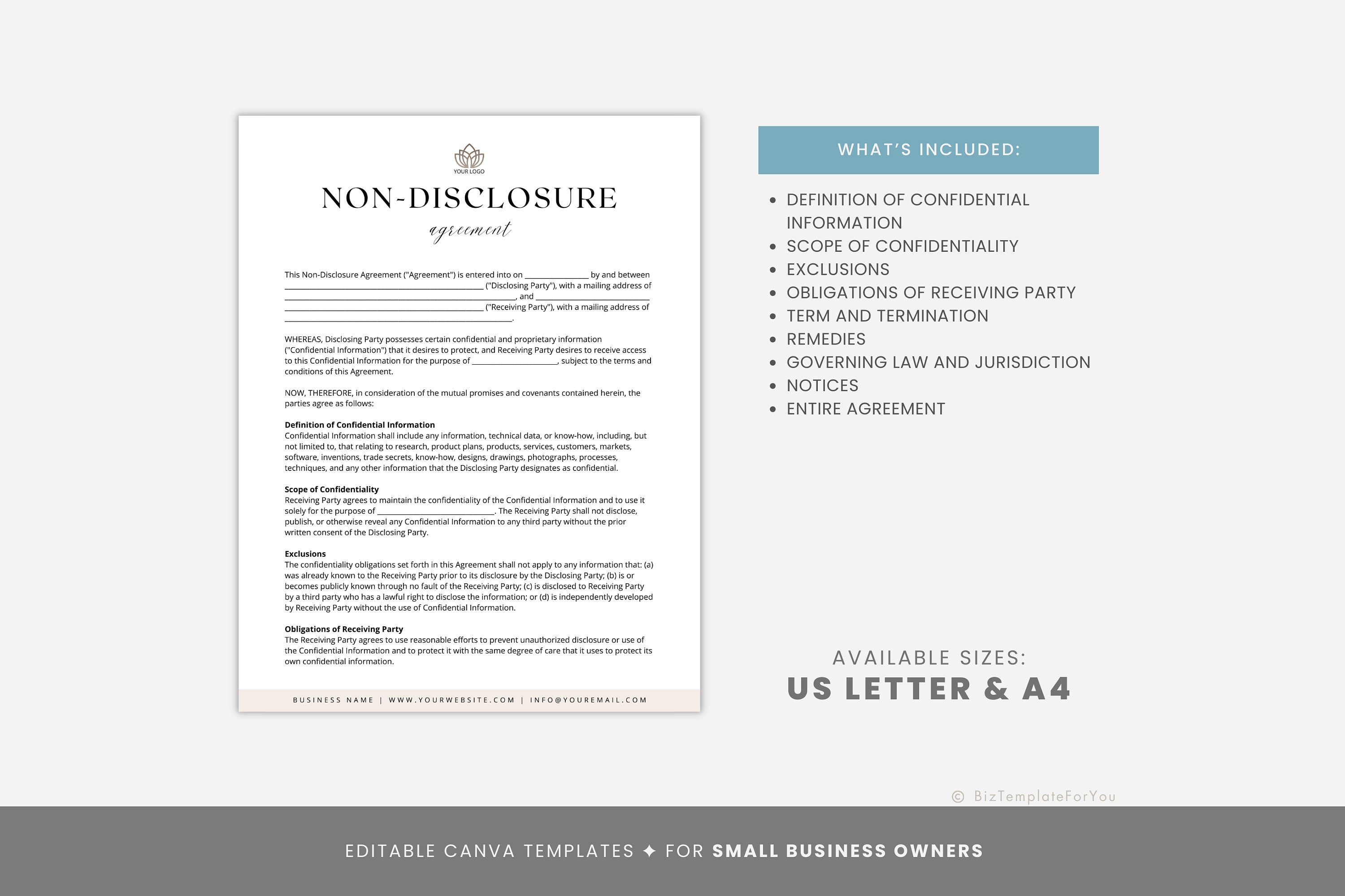 Editable Non-disclosure Agreement Template, NDA Agreement Contract ...