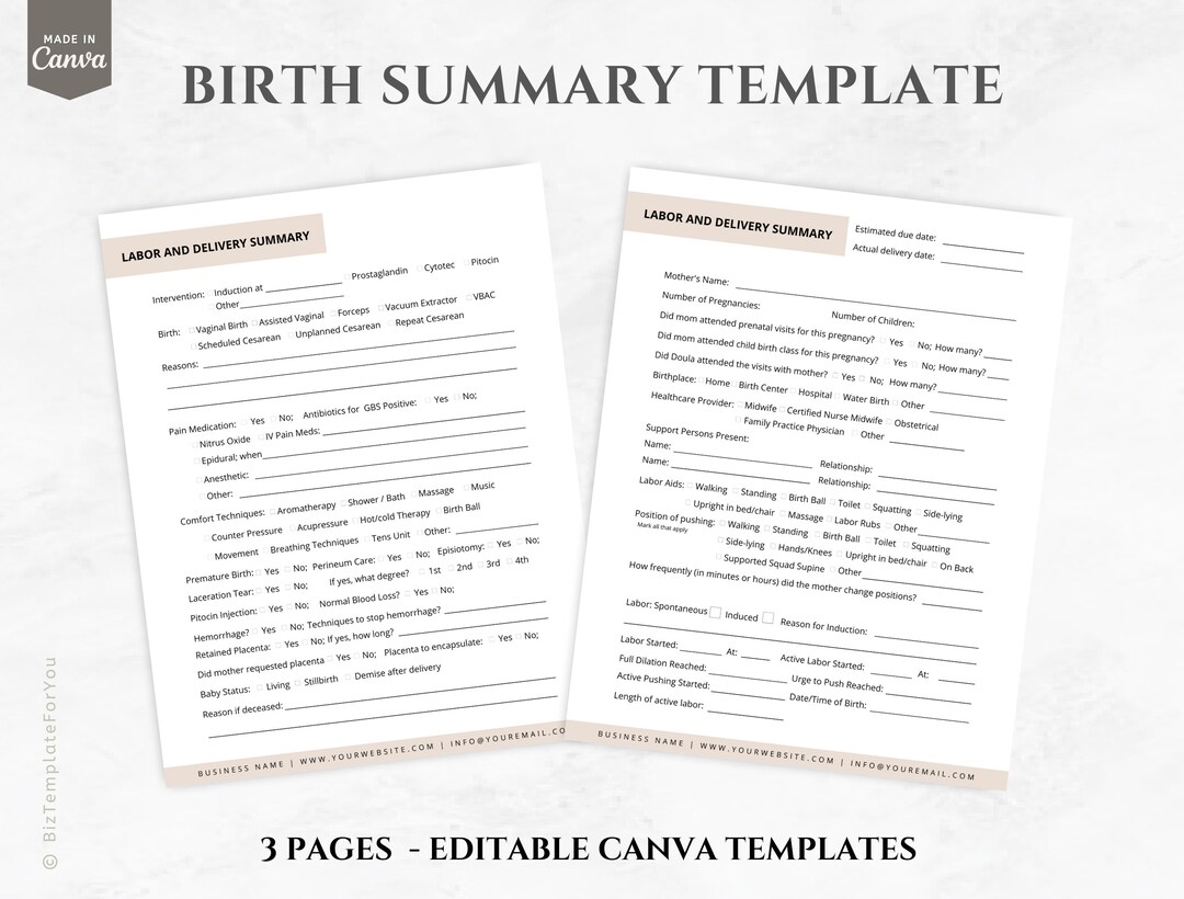 Editable Birth Summary Template Labor and Delivery Summary - Etsy