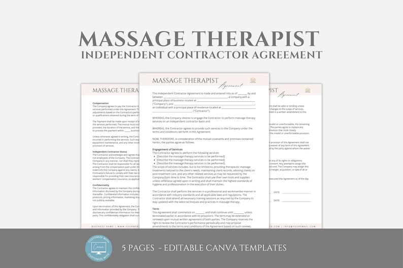 Editable Massage Therapist Independent Contractor Agreement, Massage ...