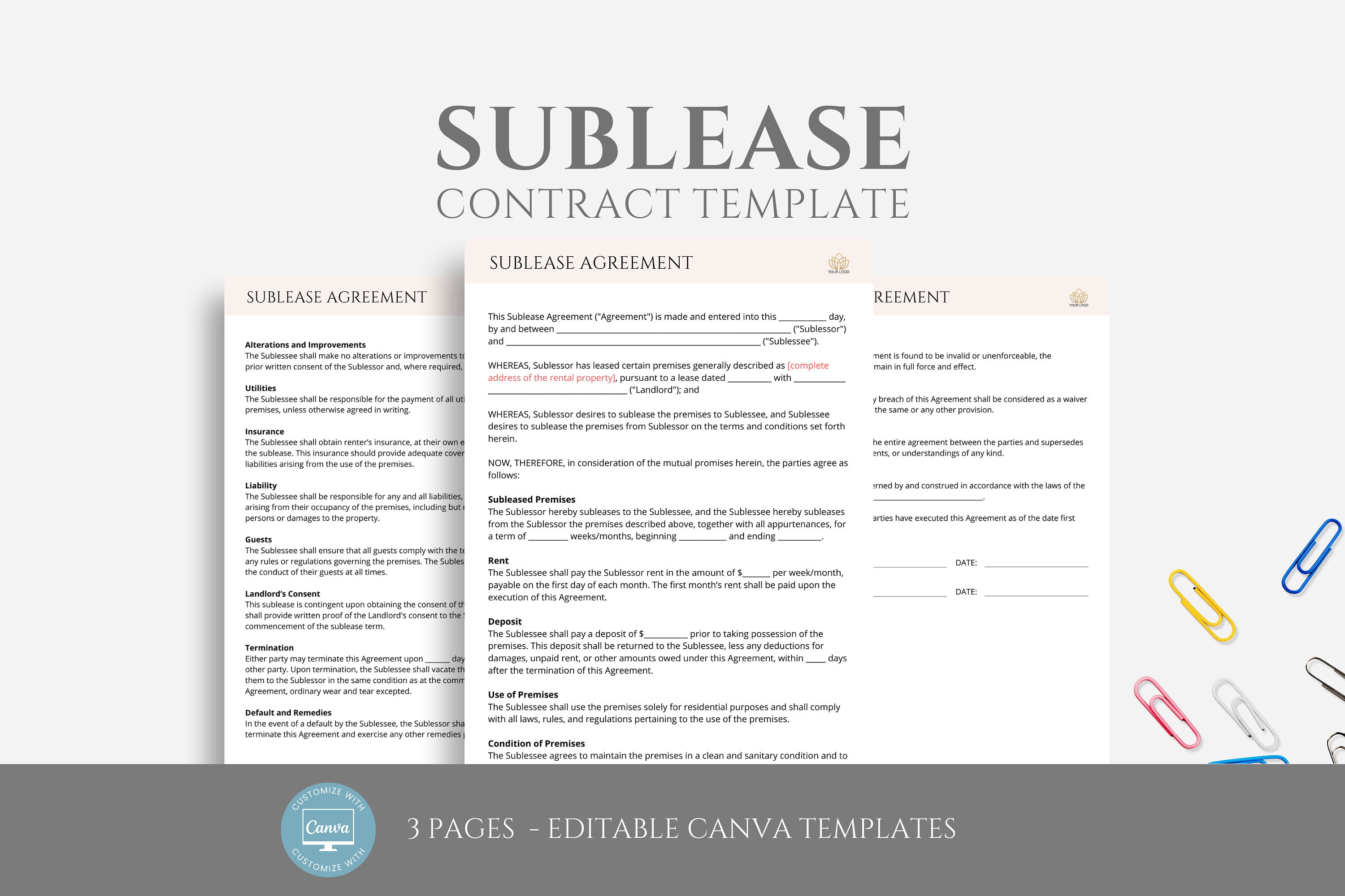 Editable Sublease Agreement Template, Sub Lease Agreement, Rental Lease ...