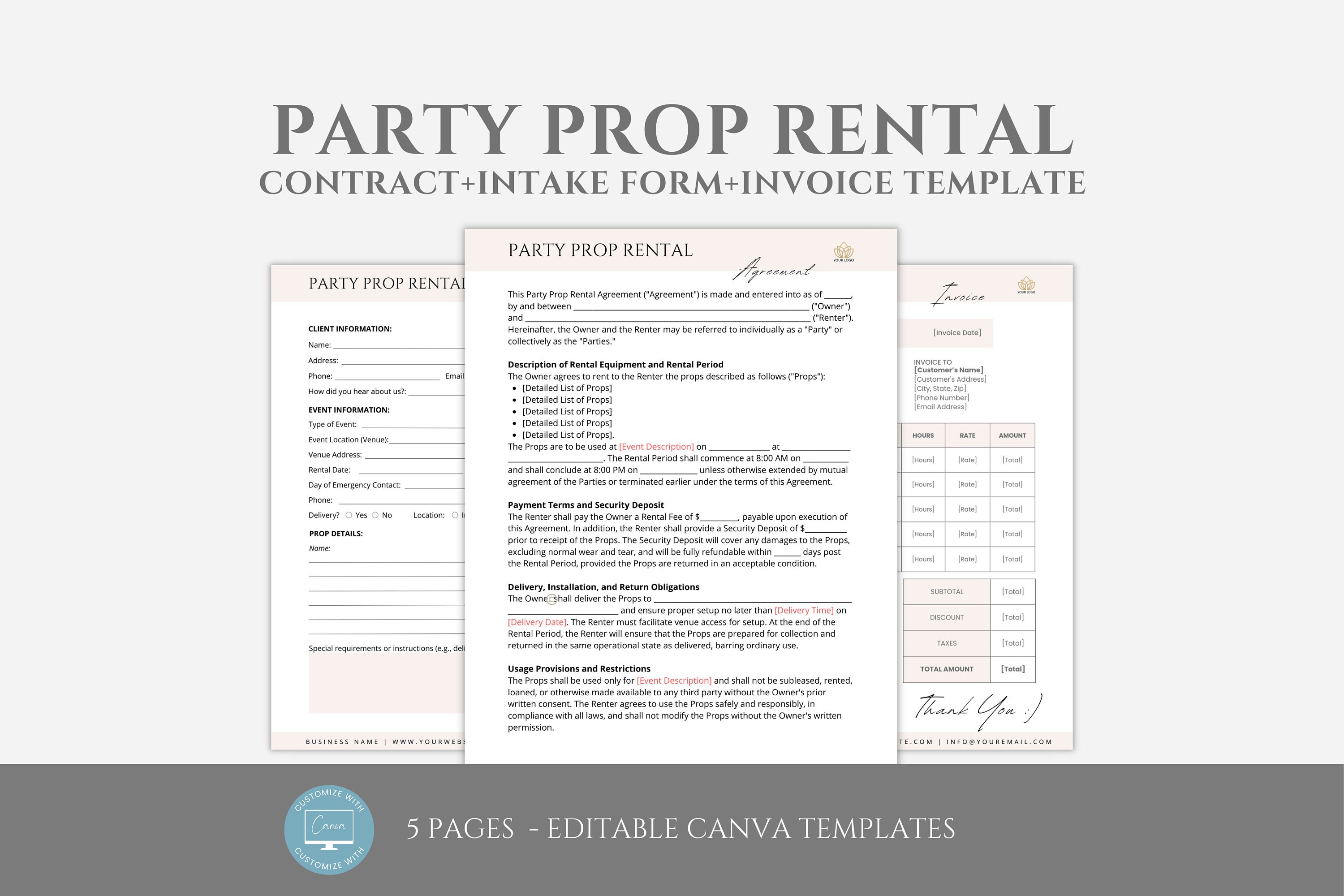 Editable Party Prop Contract Template, Party Decor Rental Agreement ...